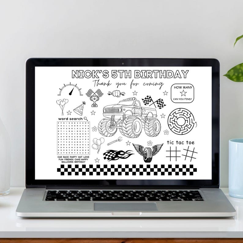Racing Truck Activity Sheet | Hot Monster Truck Party Placemat | Race ...