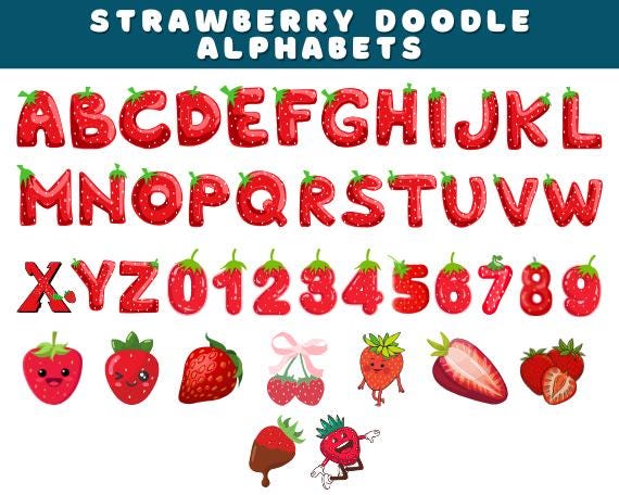 Strawberry Doodle Alphabet Bundle, Summer Fruits PNG Letters, Numbers ...
