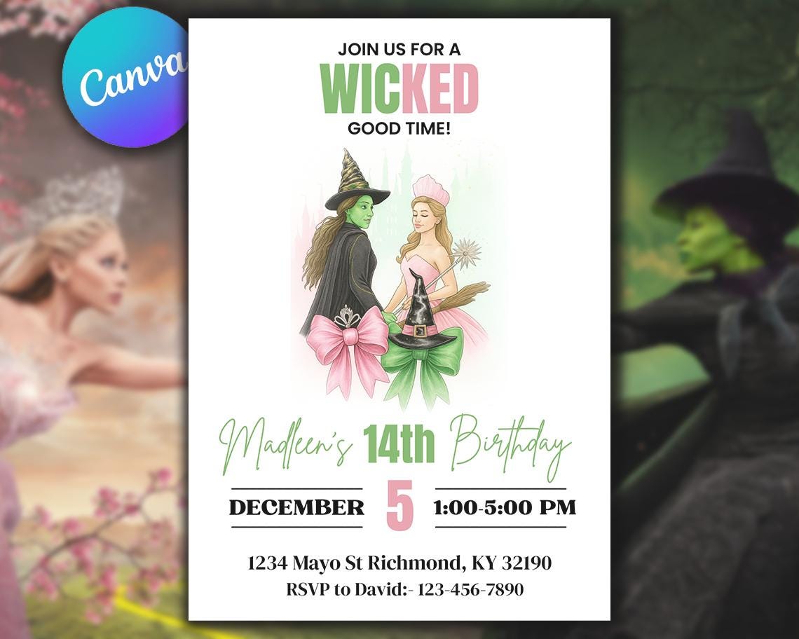 Wicked Birthday Party Invitation: Elphaba & Glinda Theme (canva ...