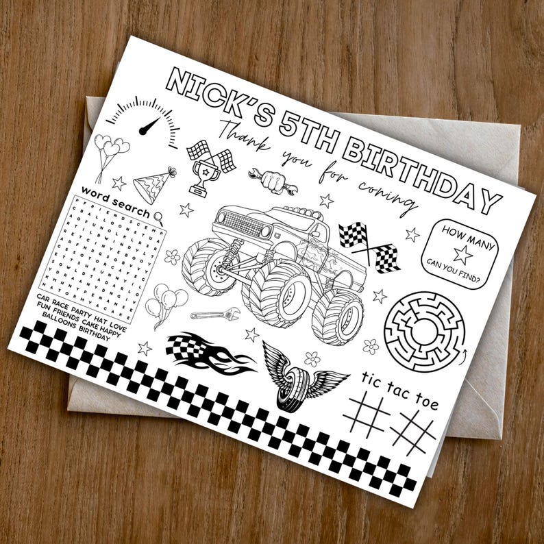 Racing Truck Activity Sheet | Hot Monster Truck Party Placemat | Race ...