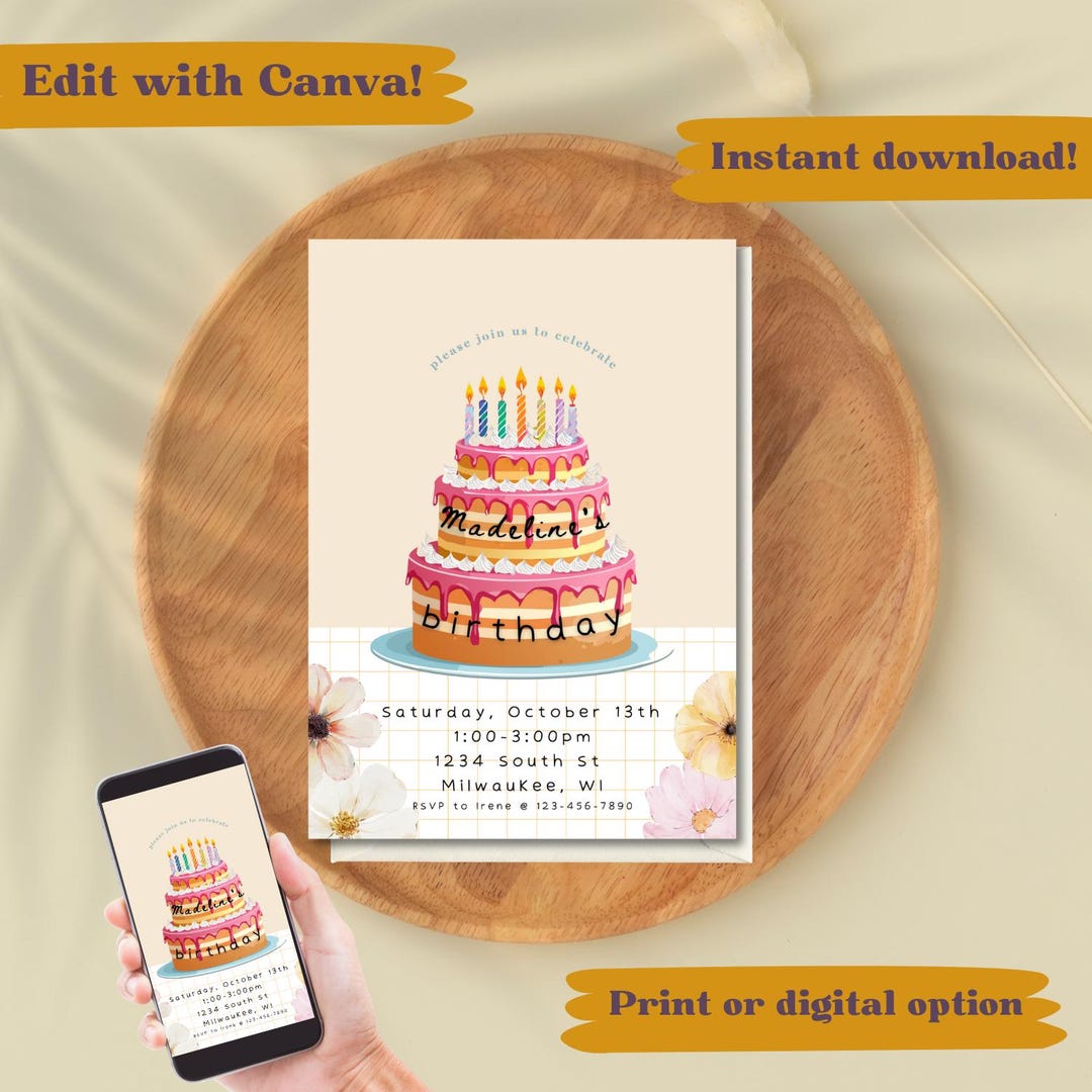 Editable Birthday Cake Kids Invitation: Party Invite Template - Etsy