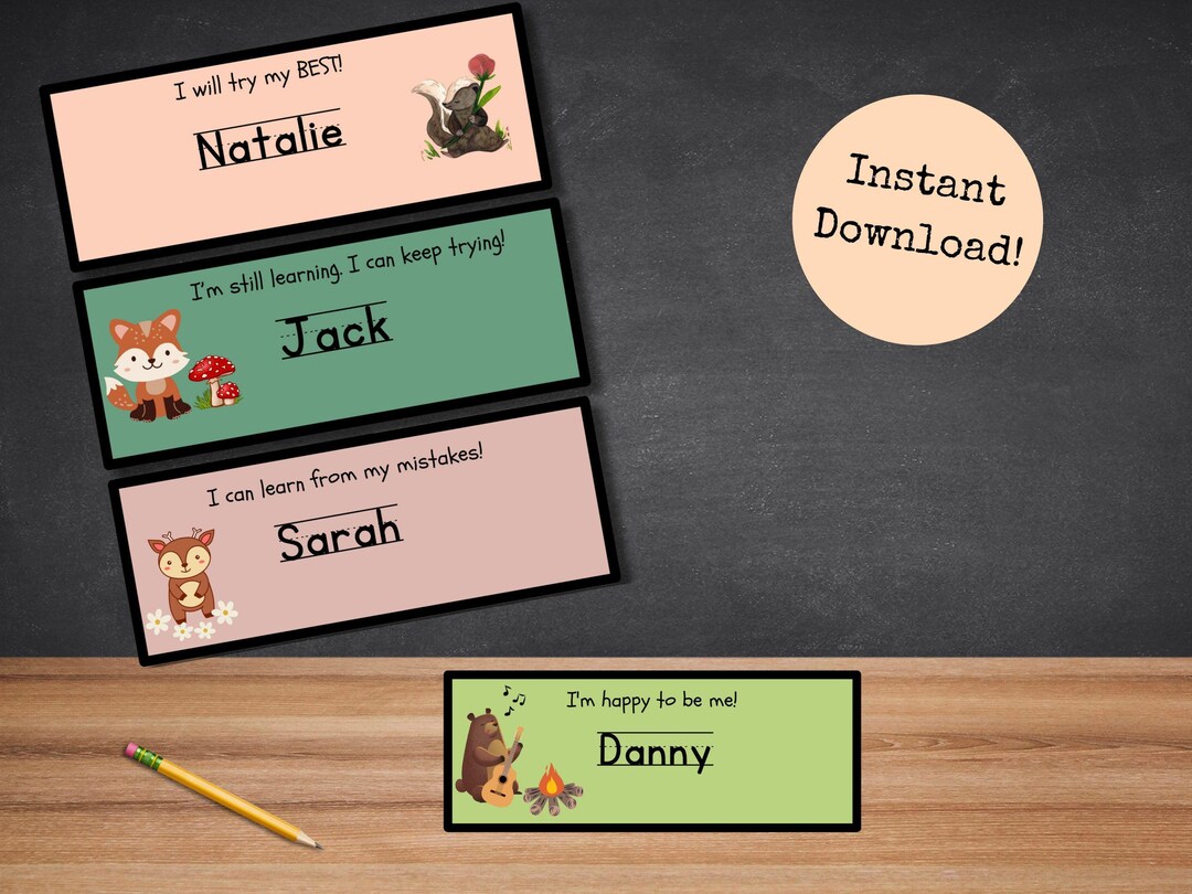Growth Mindset Woodsy Theme Desk Plates, Editable Name Tags, Classroom ...