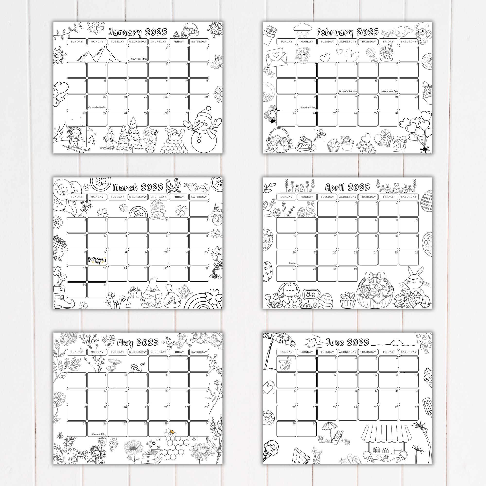 12 Month Calendar, 2025 Calendar Printable, Kids Coloring Calendar ...