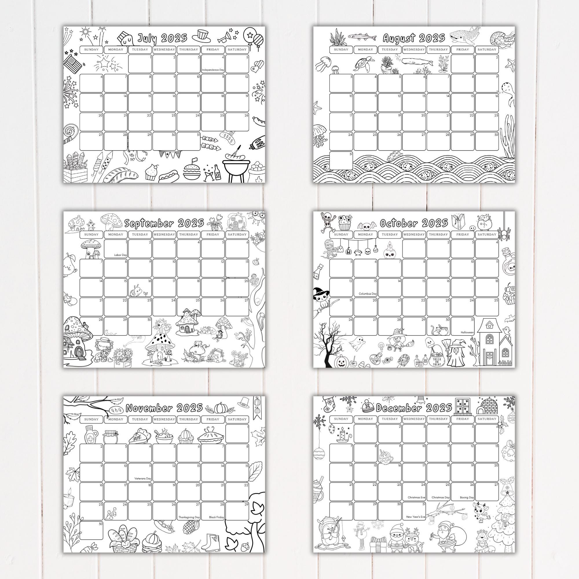 12 Month Calendar, 2025 Calendar Printable, Kids Coloring Calendar ...