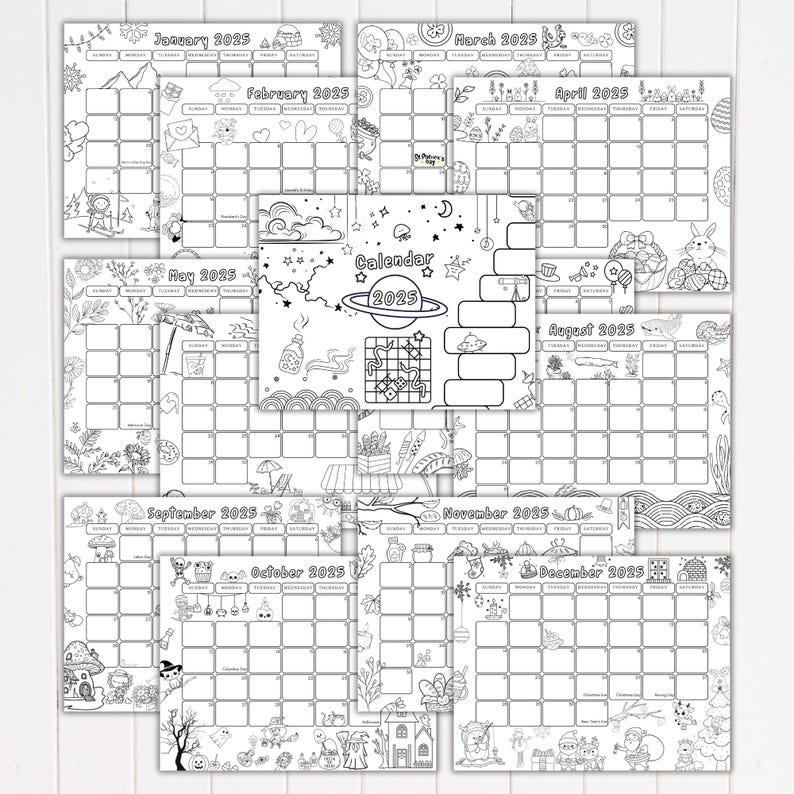 12 Month Calendar, 2025 Calendar Printable, Kids Coloring Calendar ...