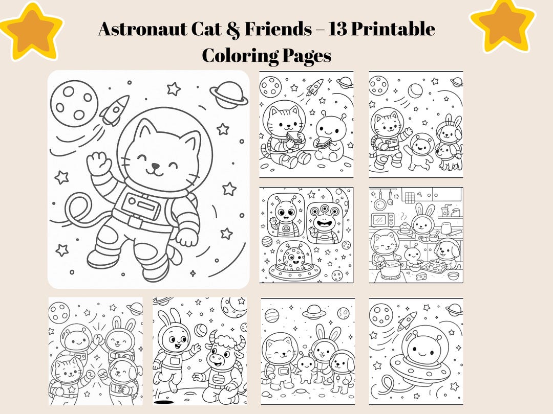 Astronaut Cat Coloring Pages: Kawaii Space Animals, Kids Printable (PDF ...