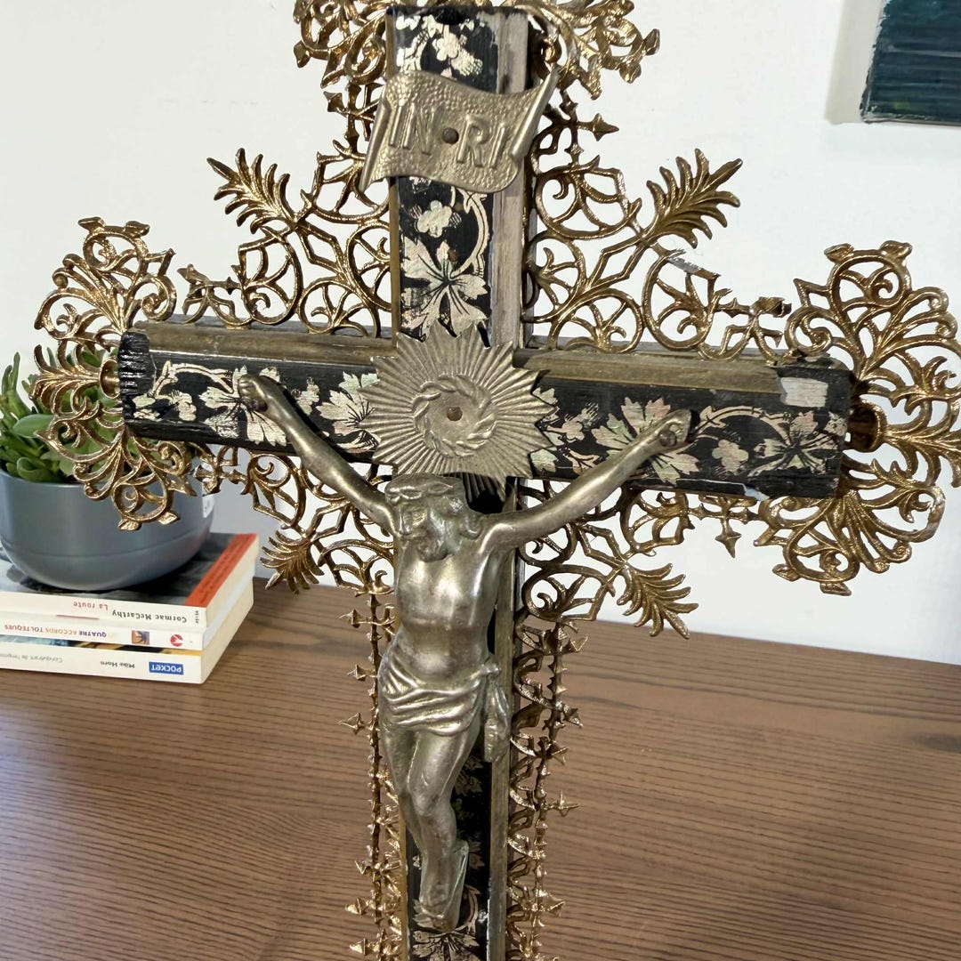 Antique 19th Century Crucifix in Wood and Gilded Metal – Silver Christ ...
