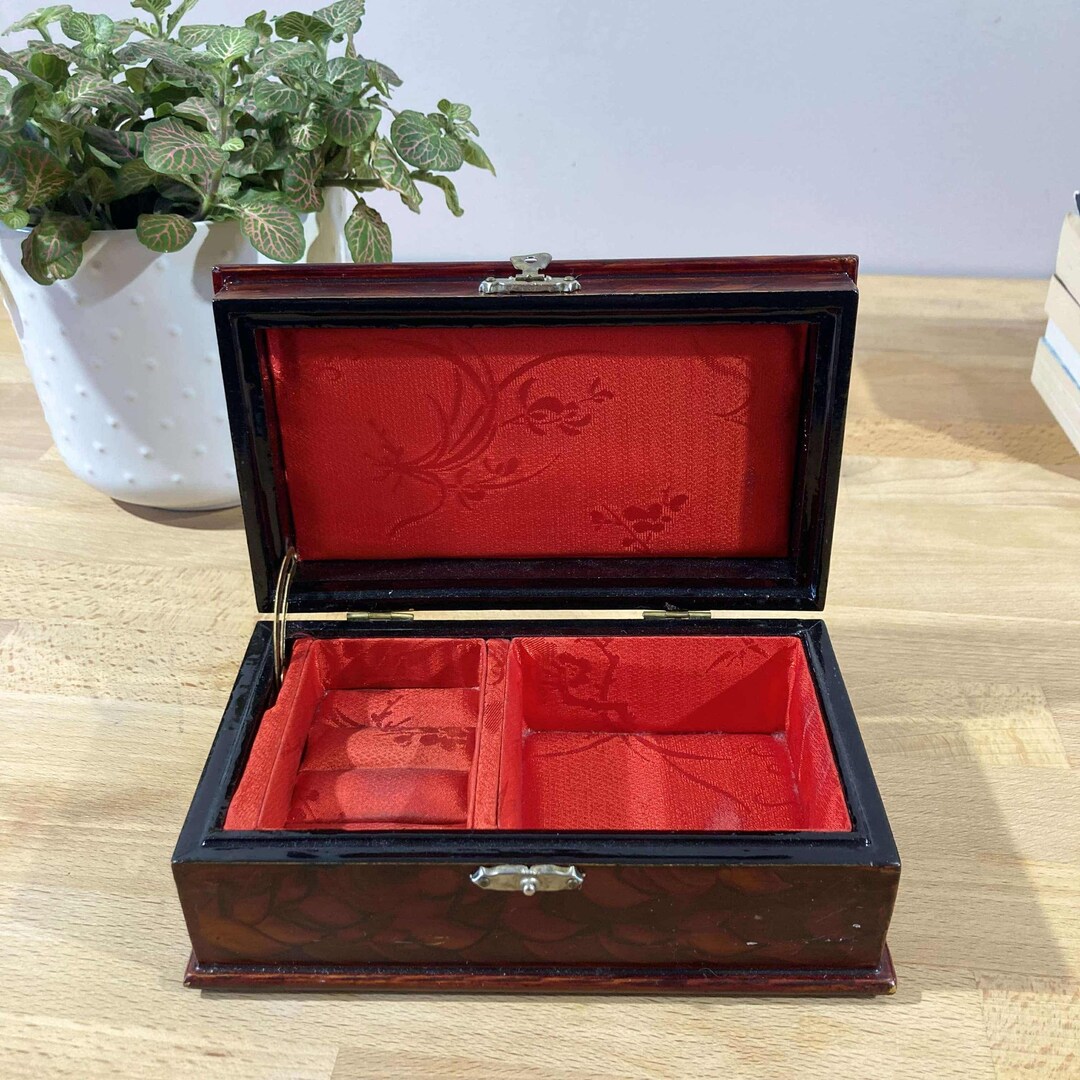Vintage 1950s Jewelry Box in Brown Tortoiseshell Lacquer With Red ...