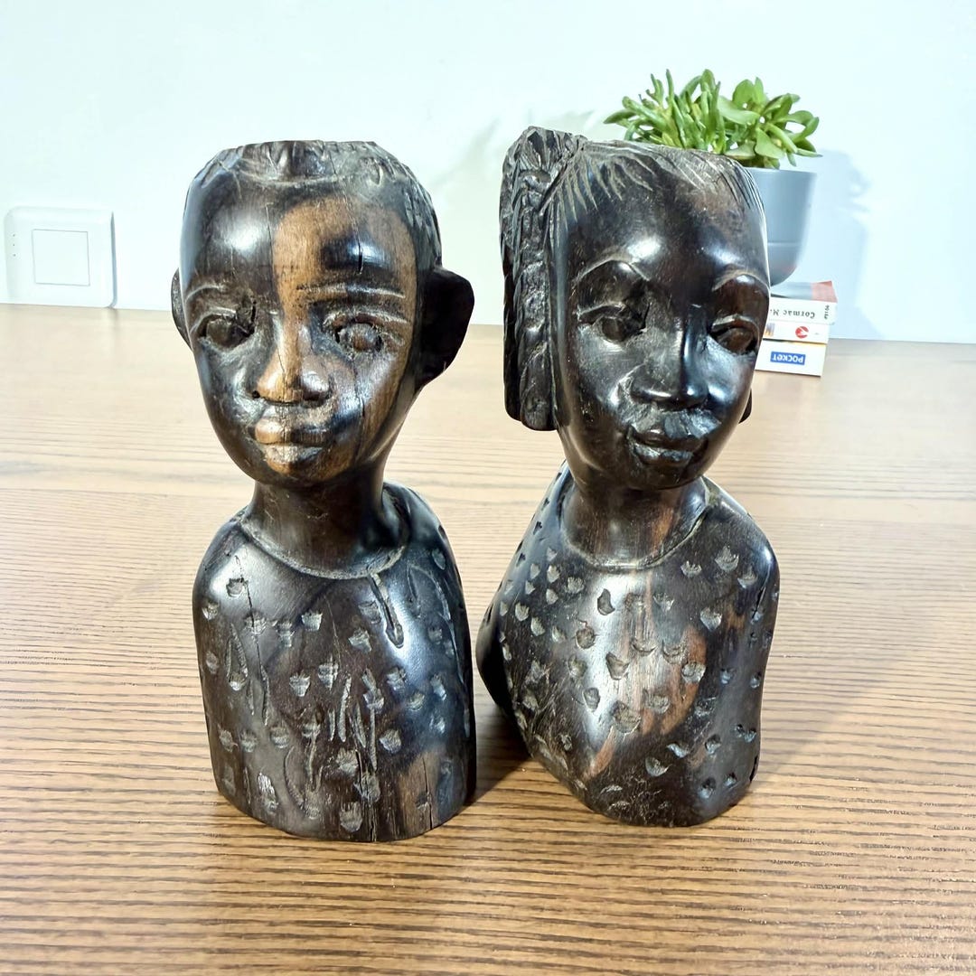 Pair of African Busts Carved in Wood – Decorative Tribal Art Circa 1960 ...