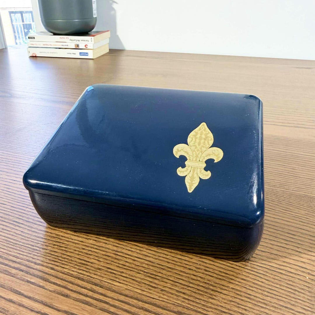 Midnight Blue Bakelite Box – Golden Fleur-de-lis, Vintage Box Circa ...