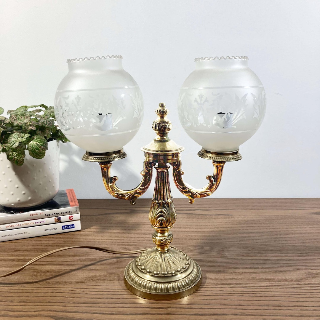 Vintage Gold Brass Two Arm Lamp With Etched Glass Globes 1960 Classic ...