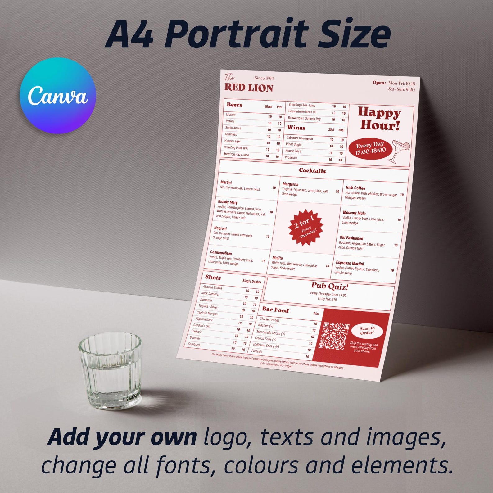 Pub Menu Template, Pub, Cocktail and Drink Menu, A4 Portrait, Fully ...