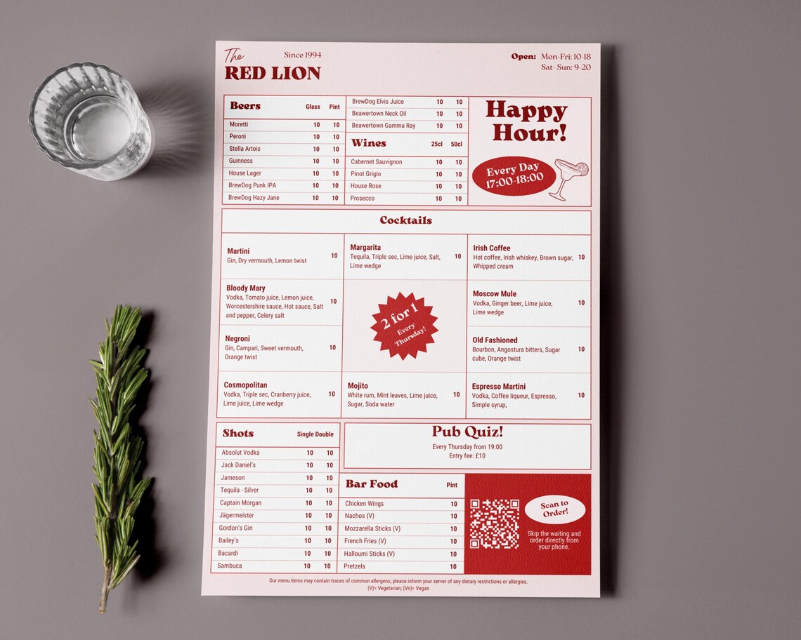 Pub Menu Template, Pub, Cocktail and Drink Menu, A4 Portrait, Fully ...