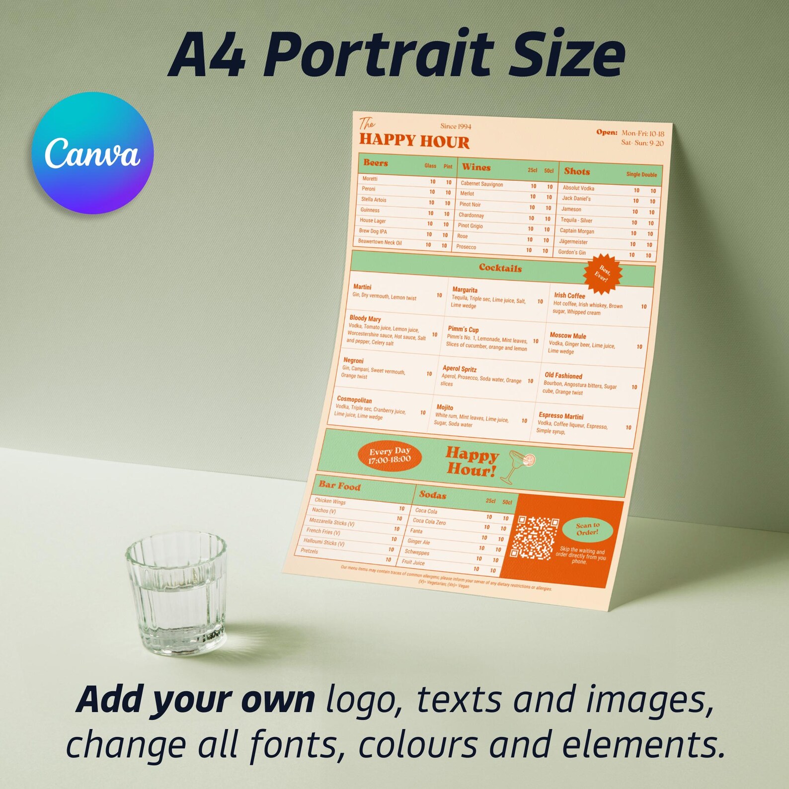 Bar Menu Template, Pub, Bar Food, Cocktail and Drink Menu, A4 Portrait ...