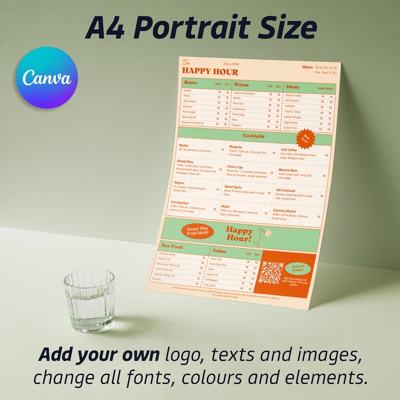Bar Menu Template, Pub, Bar Food, Cocktail and Drink Menu, A4 Portrait ...