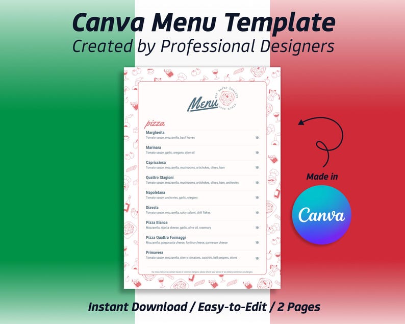 Pizzeria Menu Template, Italian Restaurant and Bistro Menu, A4 Portrait ...