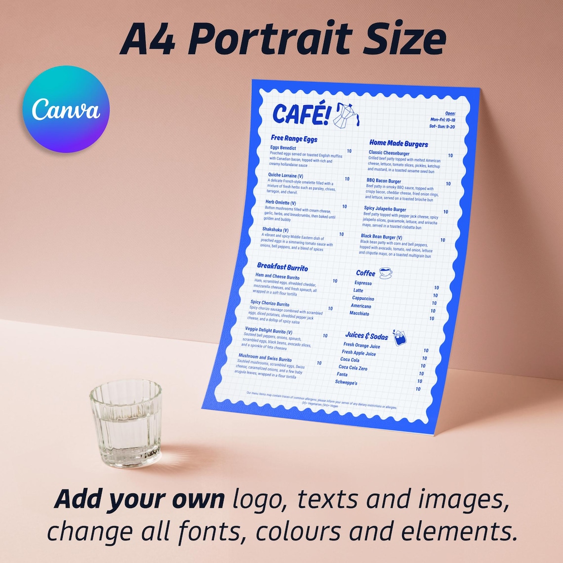 Café Menu Template, Breakfast Restaurant and Bakery Menu, A4 Portrait ...