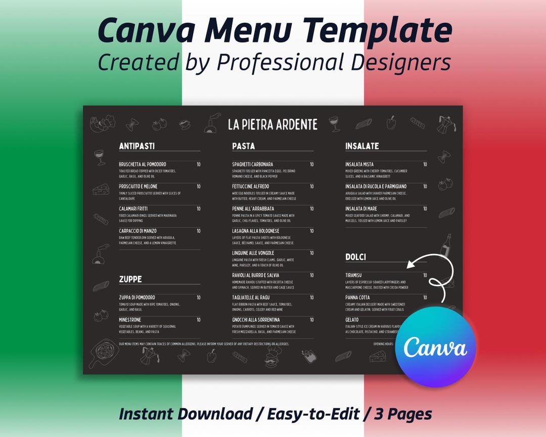 Italian Restaurant Menu Template, Pizzeria and Bistro Menu, A3 ...
