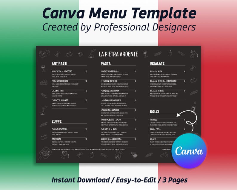 Italian Restaurant Menu Template, Pizzeria and Bistro Menu, A3 ...