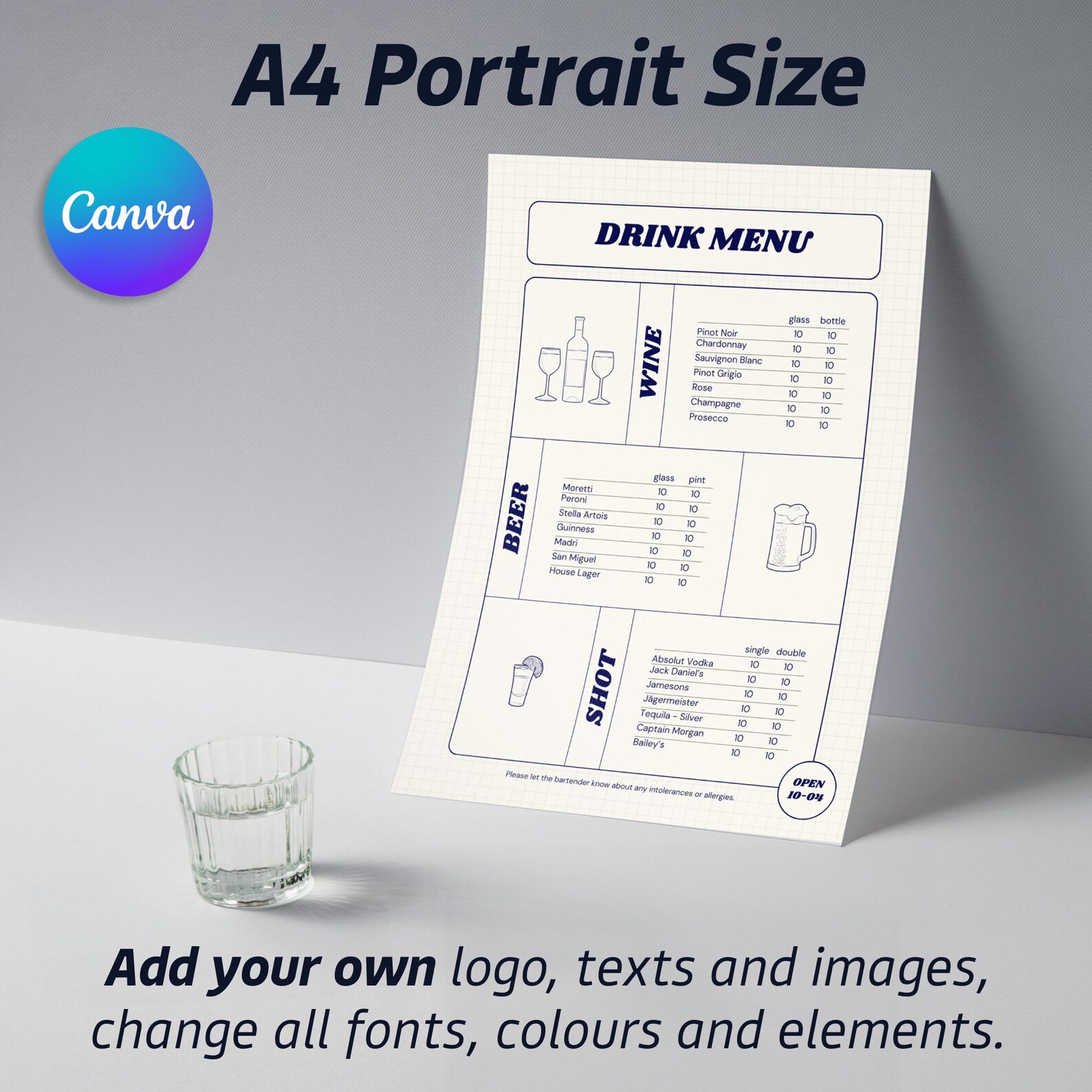 Drink Menu Template, Pub, Bar, Cocktail and Drink Menu, A4 Portrait ...
