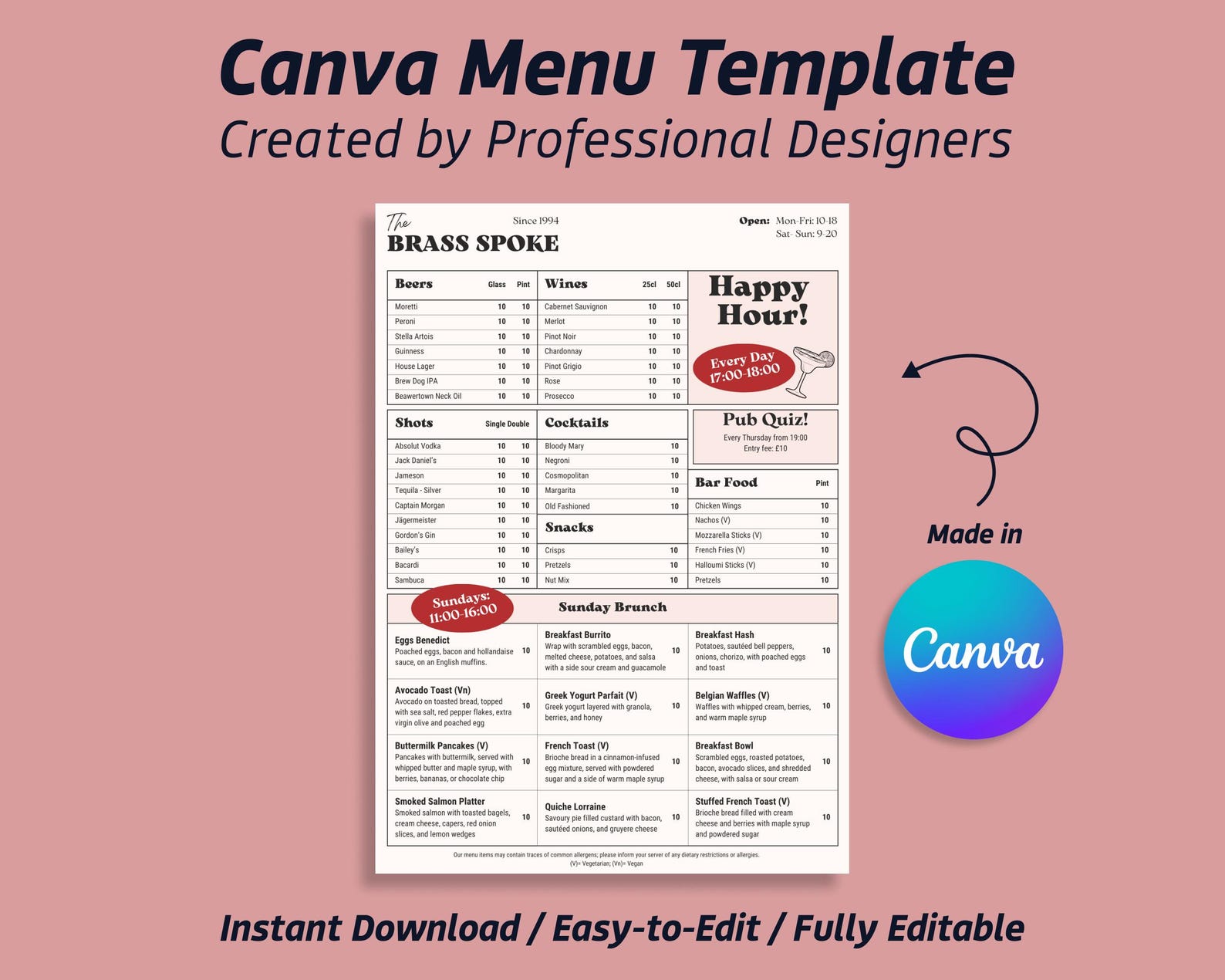 British Pub Menu Template, Bar, Cocktail and Drink Menu, A4 Portrait ...