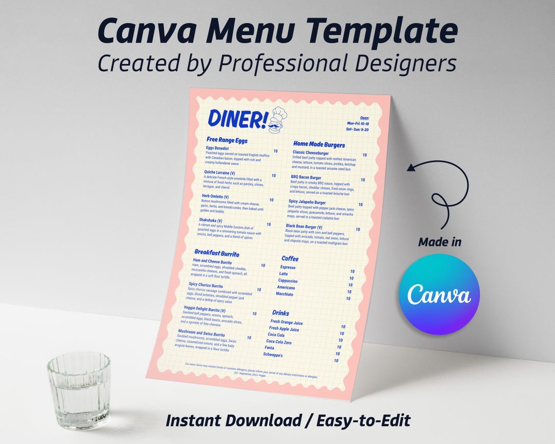 Diner Restaurant Menu Template, Brunch and Breakfast Menu, A4 Portrait ...