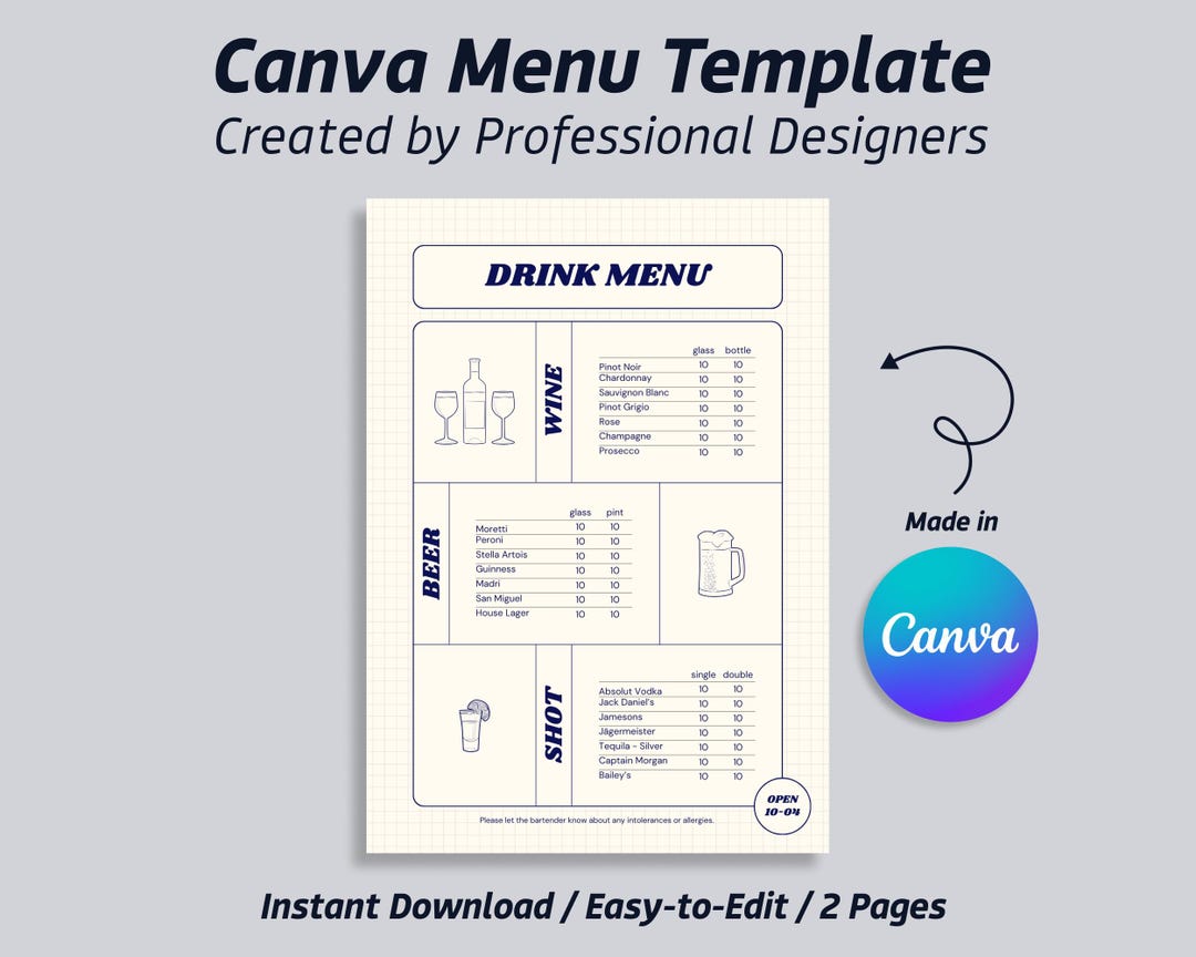 Drink Menu Template, Pub, Bar, Cocktail and Drink Menu, A4 Portrait ...
