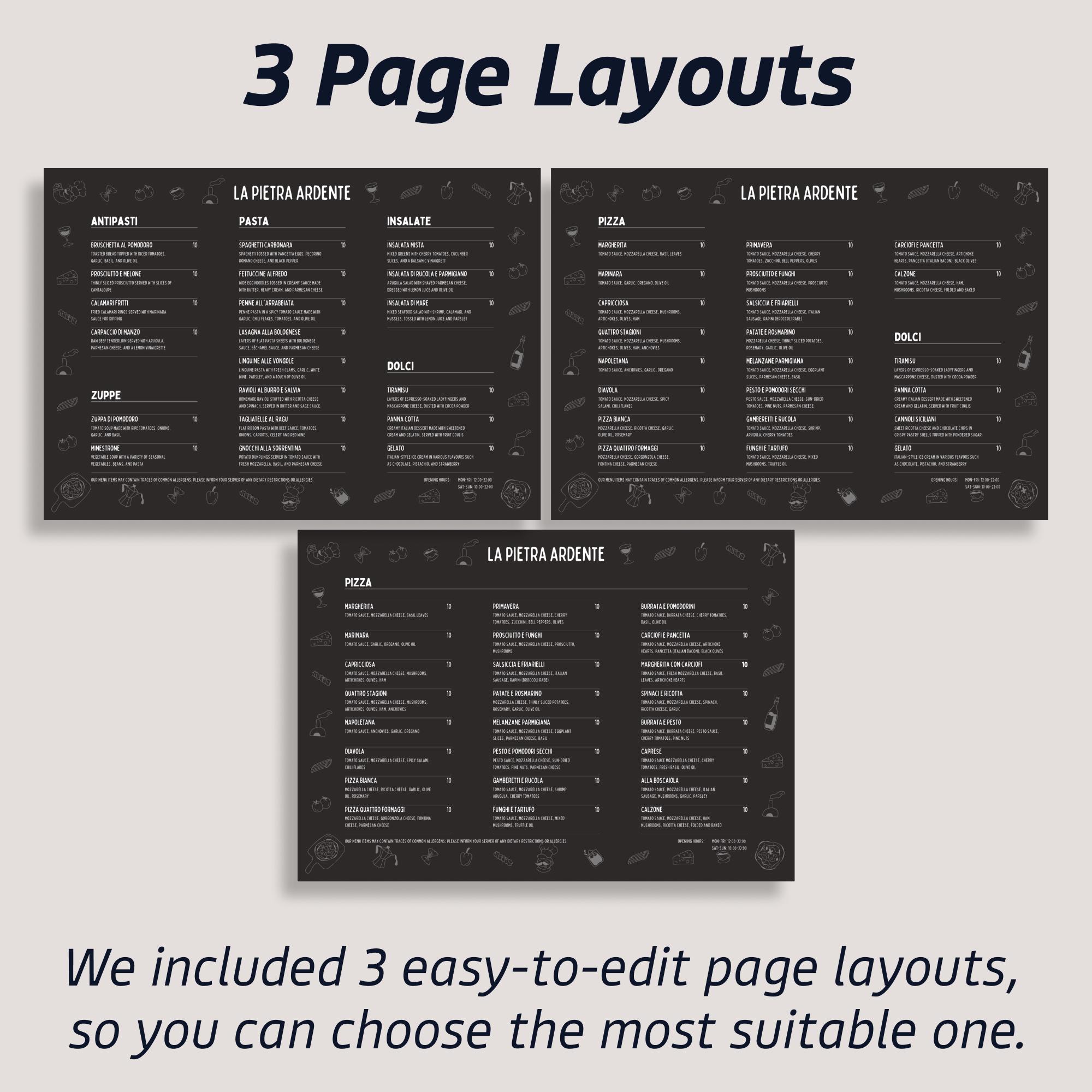 Italian Restaurant Menu Template, Pizzeria and Bistro Menu, A3 ...