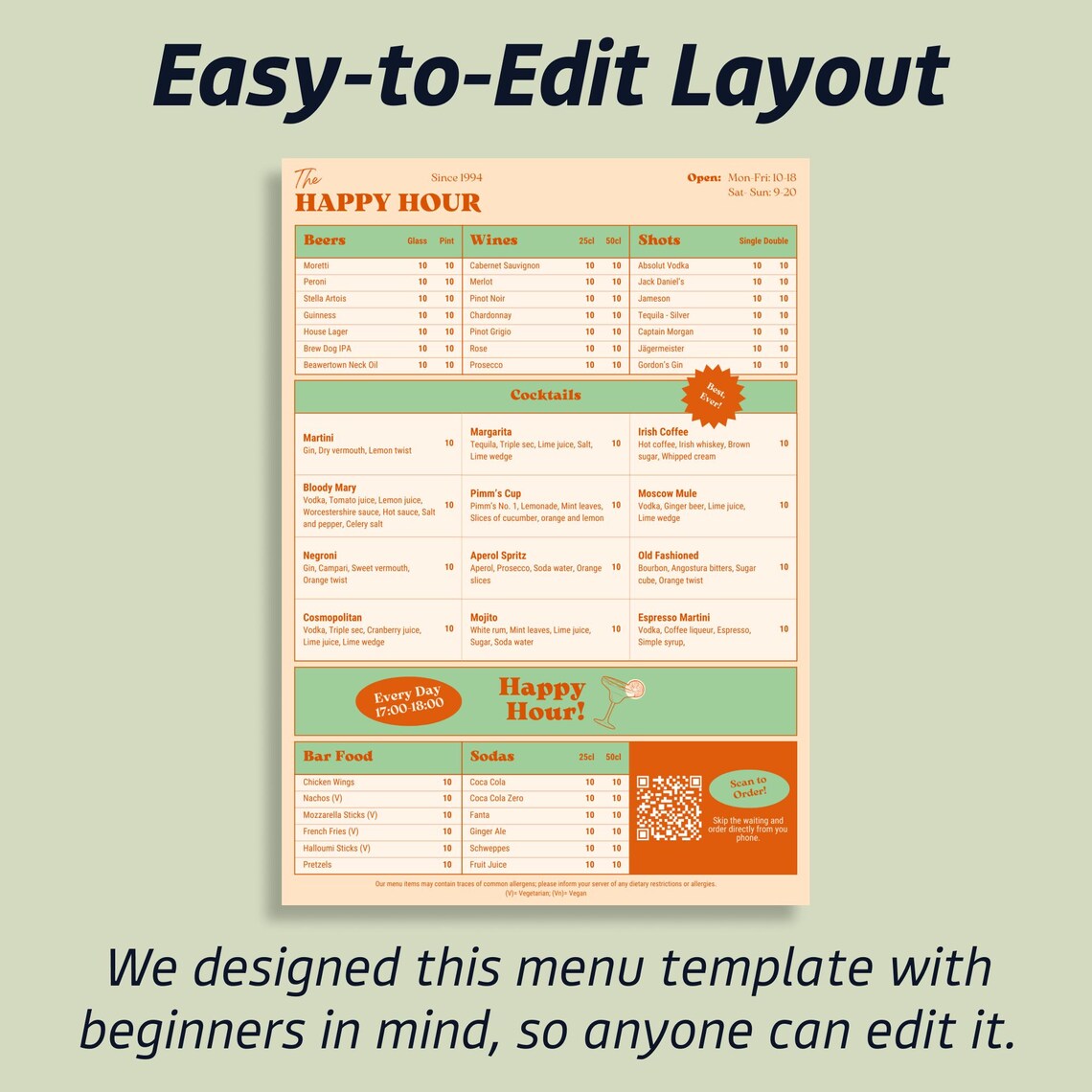 Bar Menu Template, Pub, Bar Food, Cocktail and Drink Menu, A4 Portrait ...