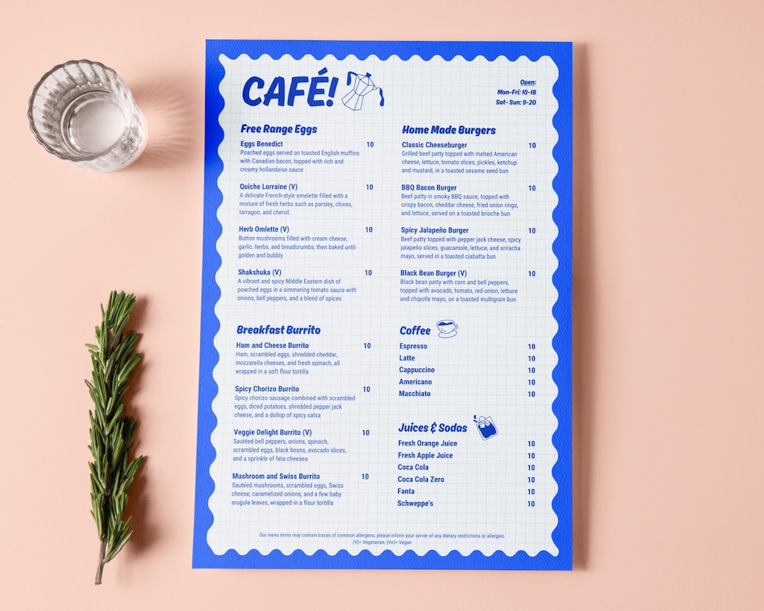 Café Menu Template, Breakfast Restaurant and Bakery Menu, A4 Portrait ...