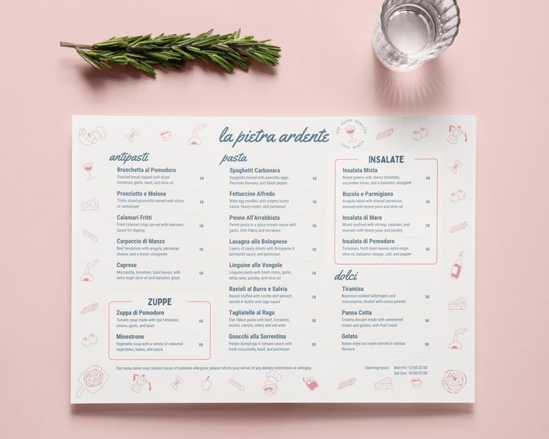 Pizzeria Menu Template, Italian Restaurant and Bistro Menu, A3 ...