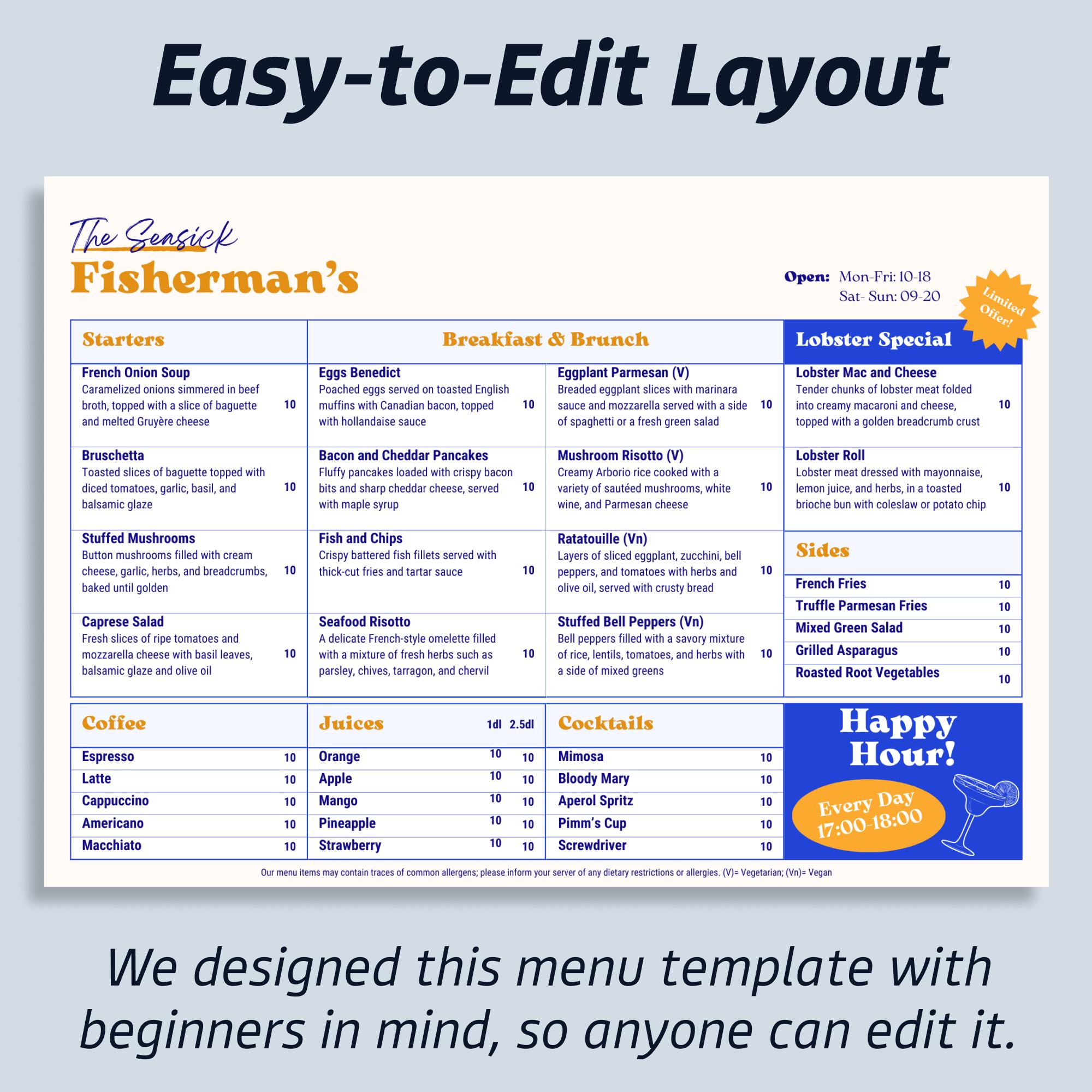 Diner Menu Template, Brunch & Breakfast Restaurant Menu, A4 Landscape ...
