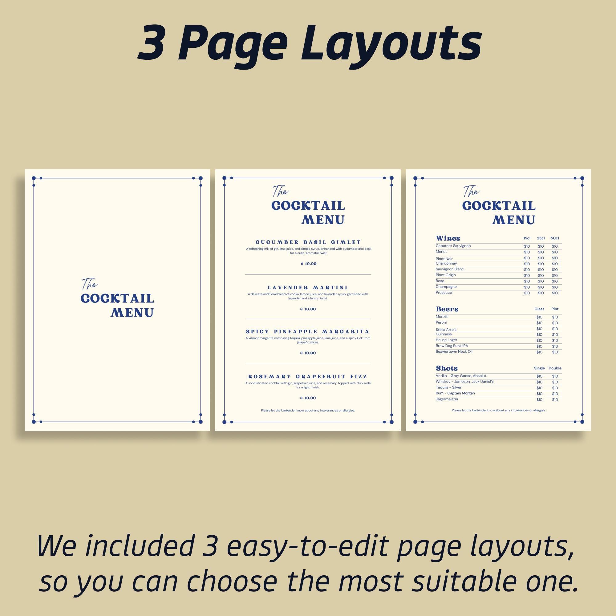 Vintage Cocktail Menu Template, Pub, Bar and Drink Menu, A4 Portrait ...