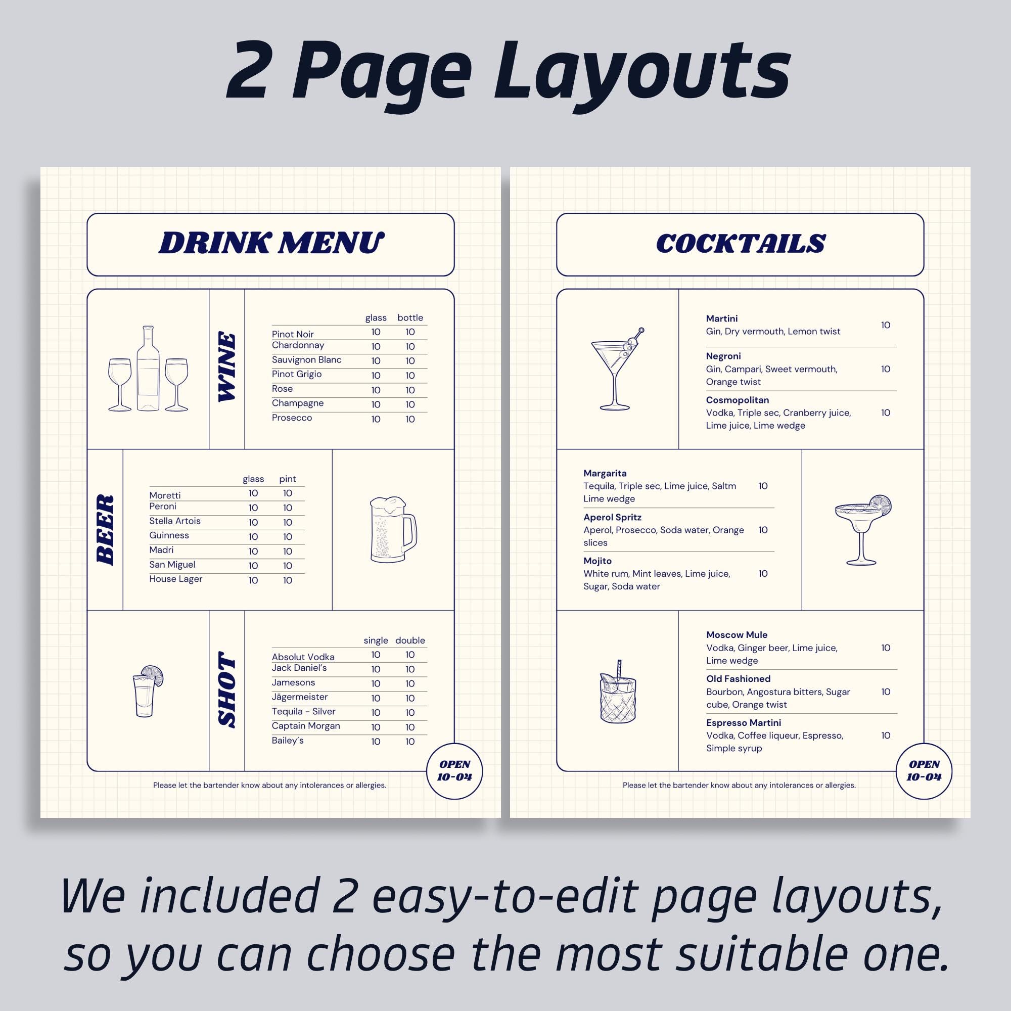 Drink Menu Template, Pub, Bar, Cocktail and Drink Menu, A4 Portrait ...