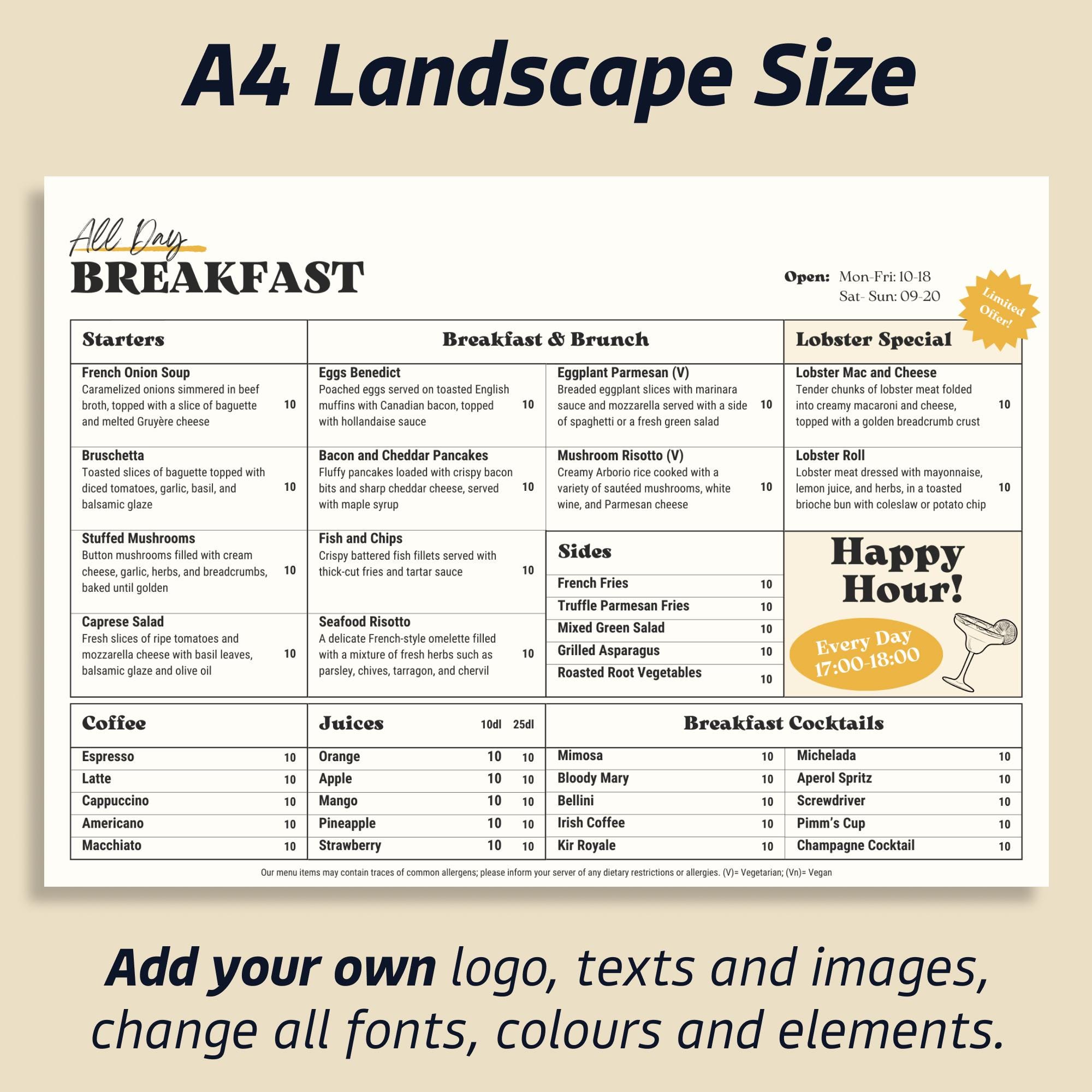 Breakfast Restaurant Menu Template, Brunch and Diner Menu, A4 Landscape ...