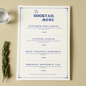 Vintage Cocktail Menu Template, Pub, Bar and Drink Menu, A4 Portrait ...