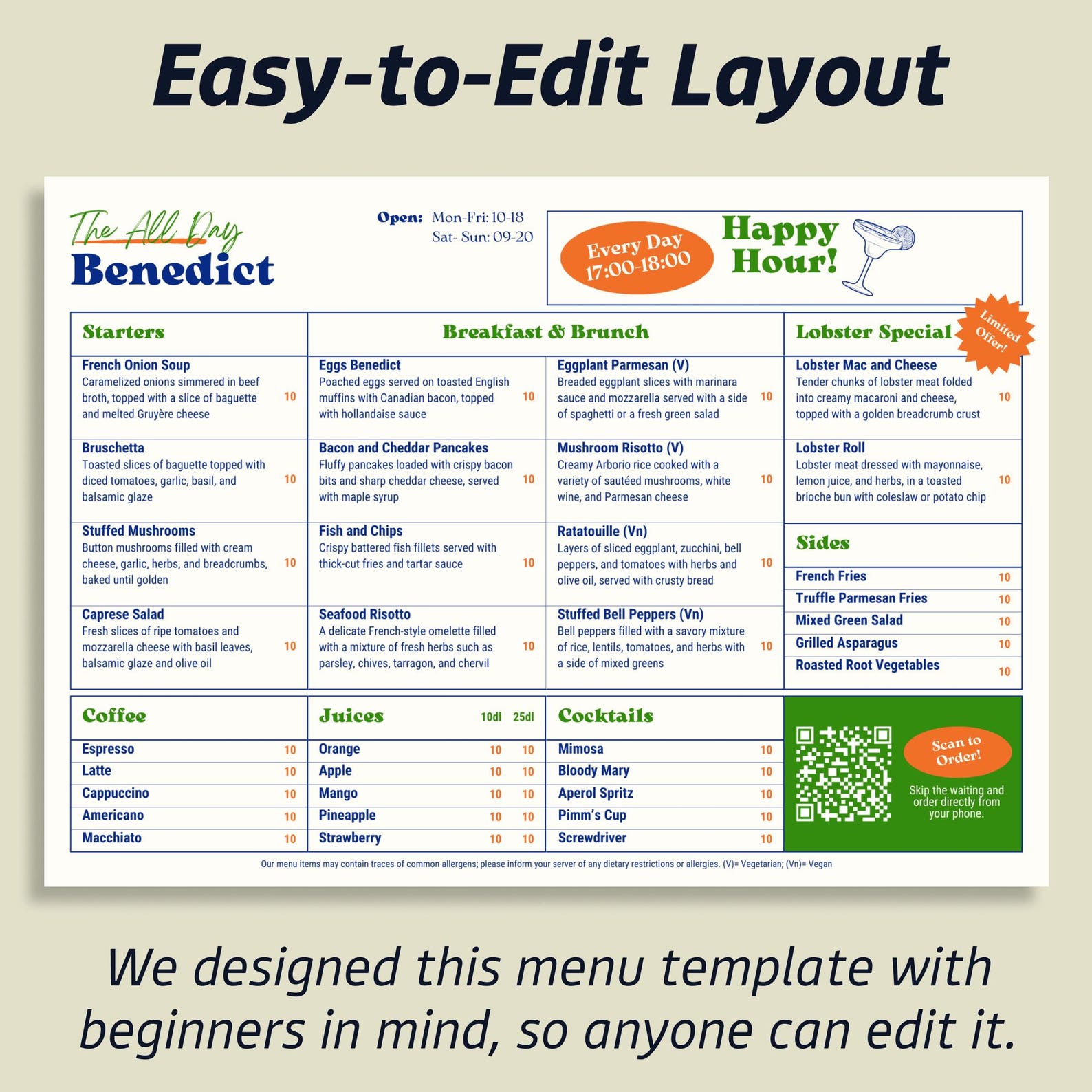 Brunch Restaurant Menu Template, Breakfast and Diner Menu, A4 Landscape ...