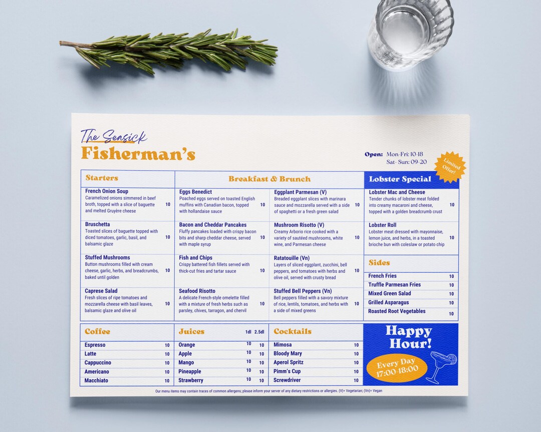 Diner Menu Template, Brunch & Breakfast Restaurant Menu, A4 Landscape ...