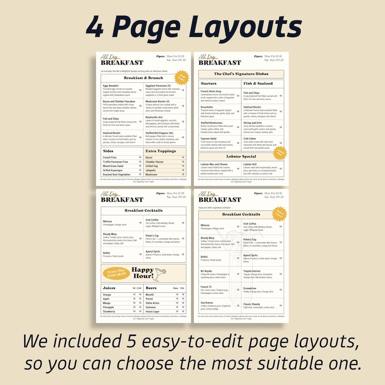 Breakfast Restaurant Menu Template, Brunch and Diner Menu, A5 Portrait ...