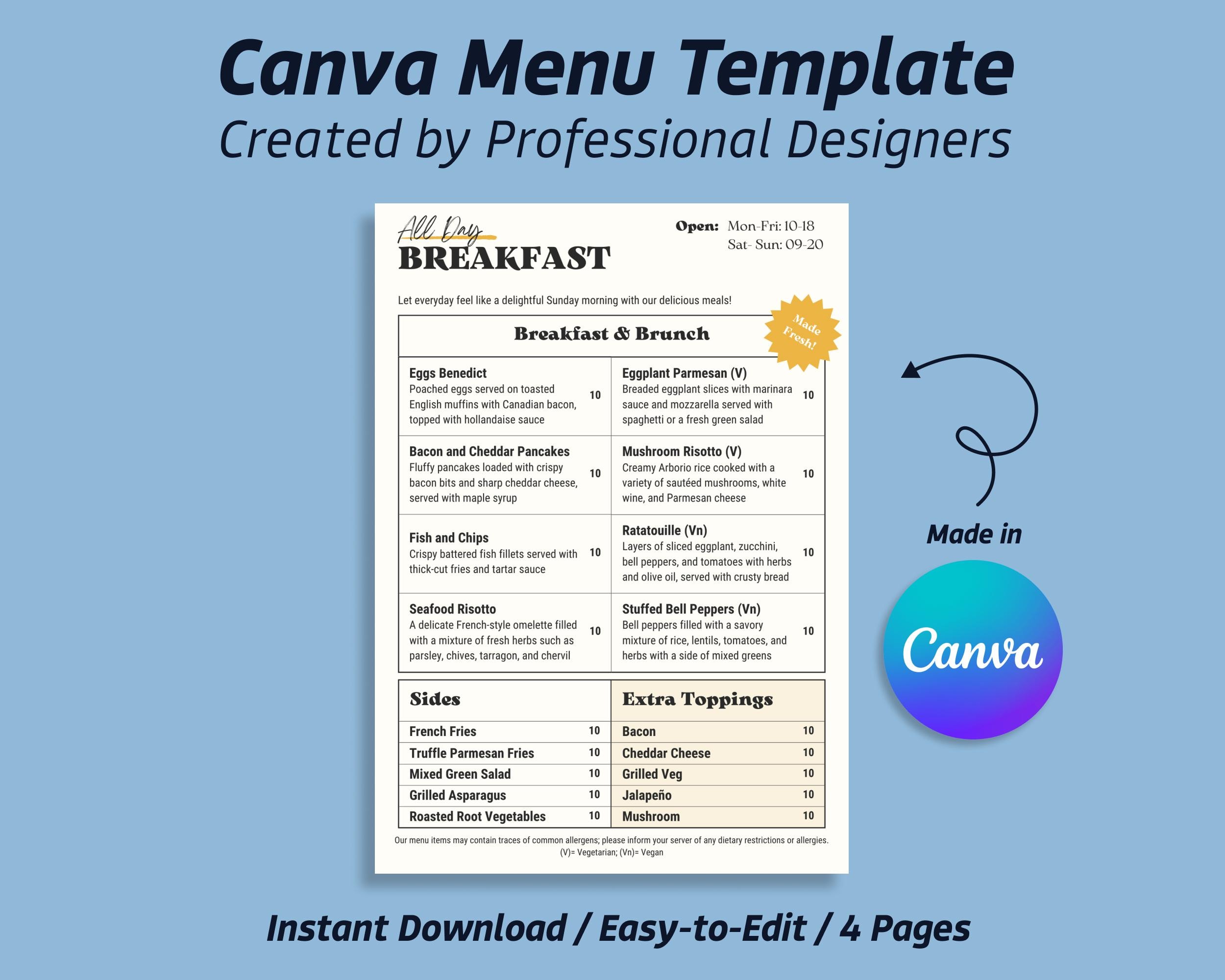 Breakfast Restaurant Menu Template, Brunch and Diner Menu, A5 Portrait ...