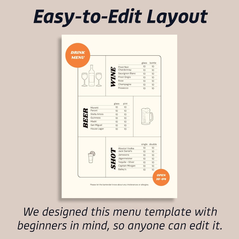 Drink Menu Template, Pub, Bar, Cocktail and Drink Menu, A4 Portrait ...