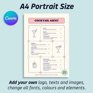 Cocktail Menu Template, Pub, Gastropub, Bar and Drink Menu, A4 Portrait ...