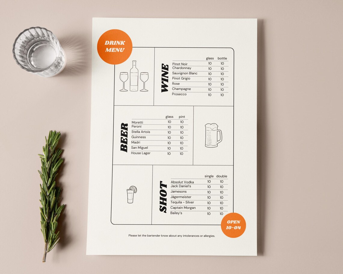 Drink Menu Template, Pub, Bar, Cocktail and Drink Menu, A4 Portrait ...