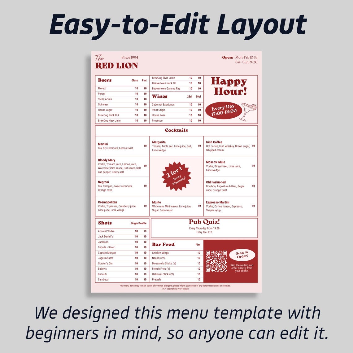 Pub Menu Template, Pub, Cocktail and Drink Menu, A4 Portrait, Fully ...