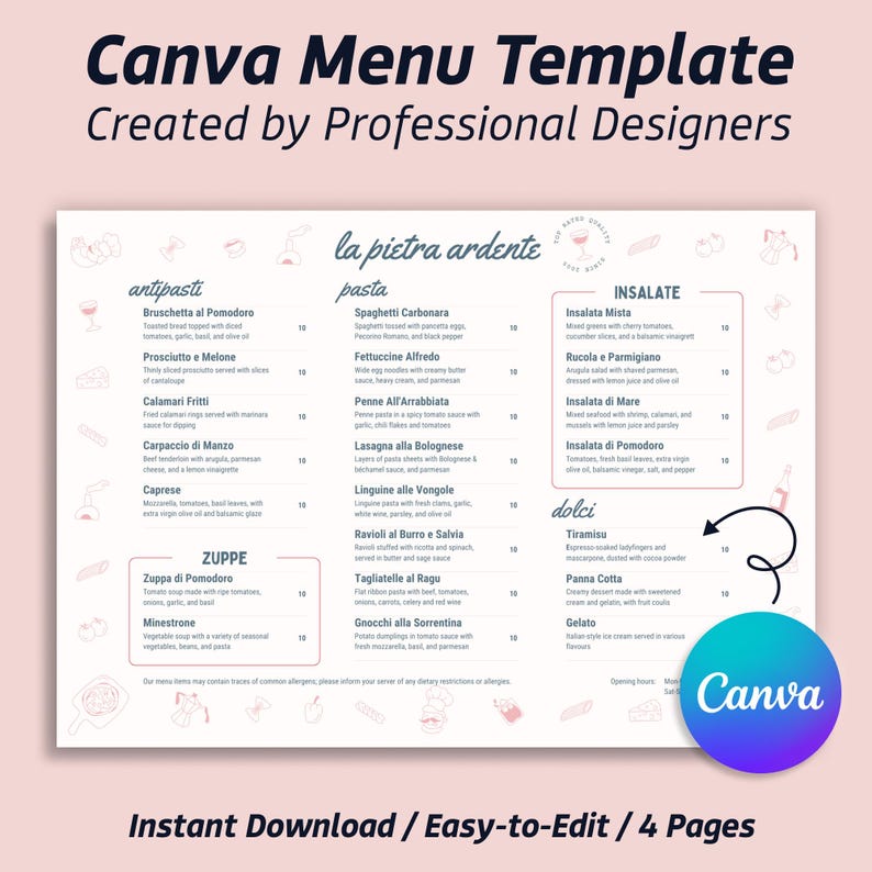 Pizzeria Menu Template, Italian Restaurant and Bistro Menu, A3 ...