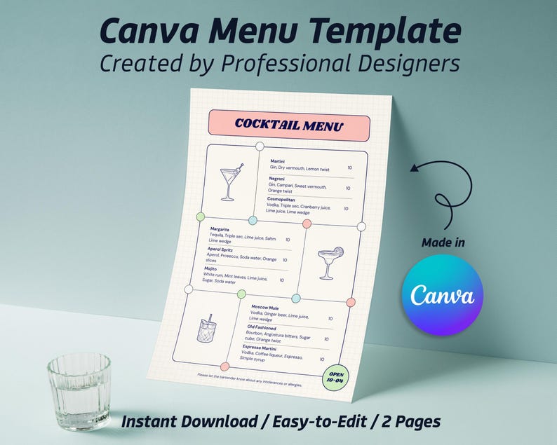 Cocktail Menu Template, Pub, Gastropub, Bar and Drink Menu, A4 Portrait ...