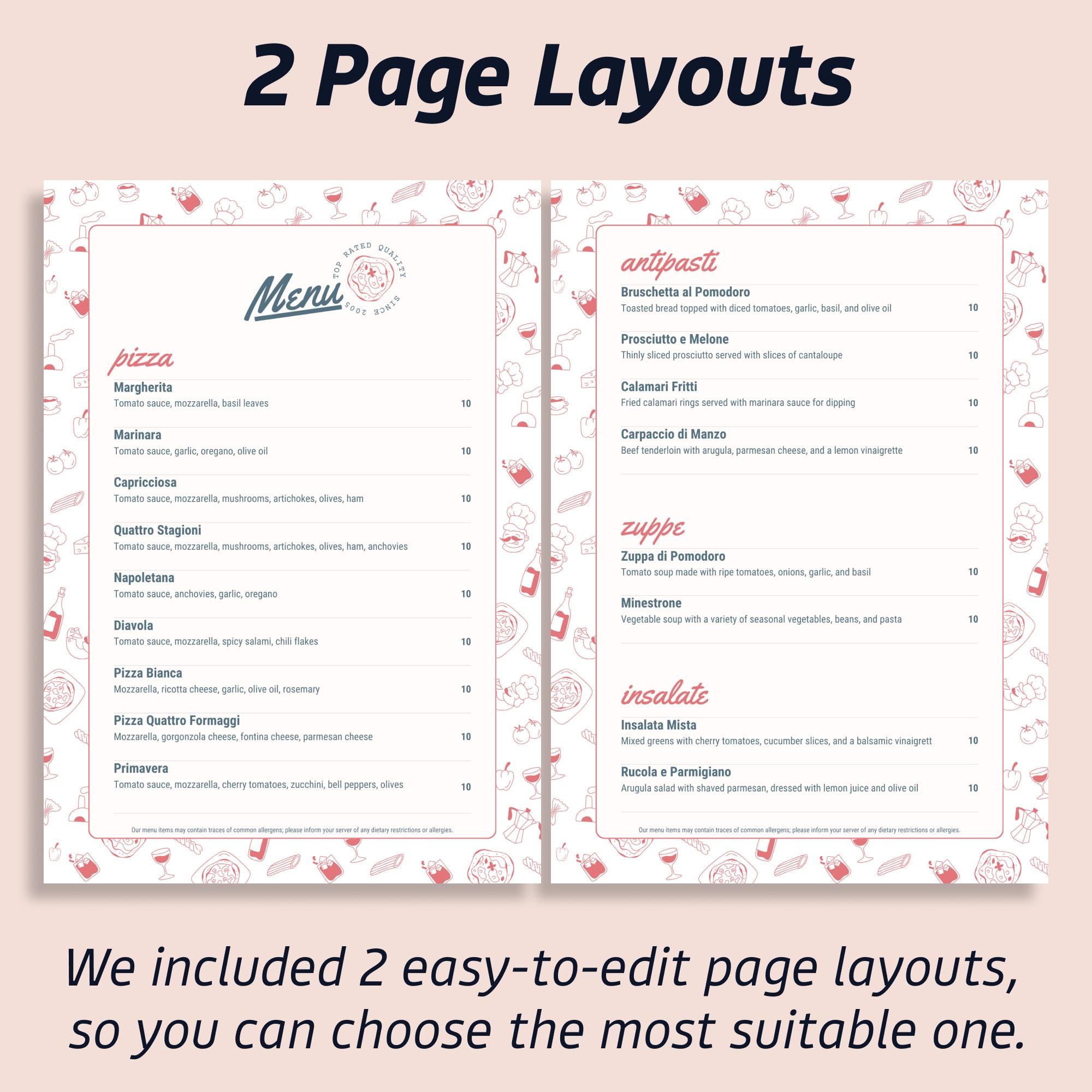 Pizzeria Menu Template, Italian Restaurant and Bistro Menu, A4 Portrait ...