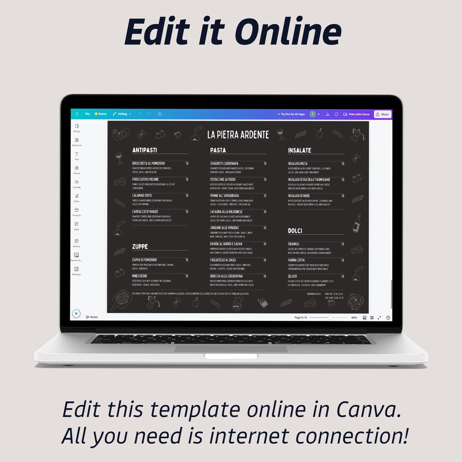 Italian Restaurant Menu Template, Pizzeria and Bistro Menu, A3 ...