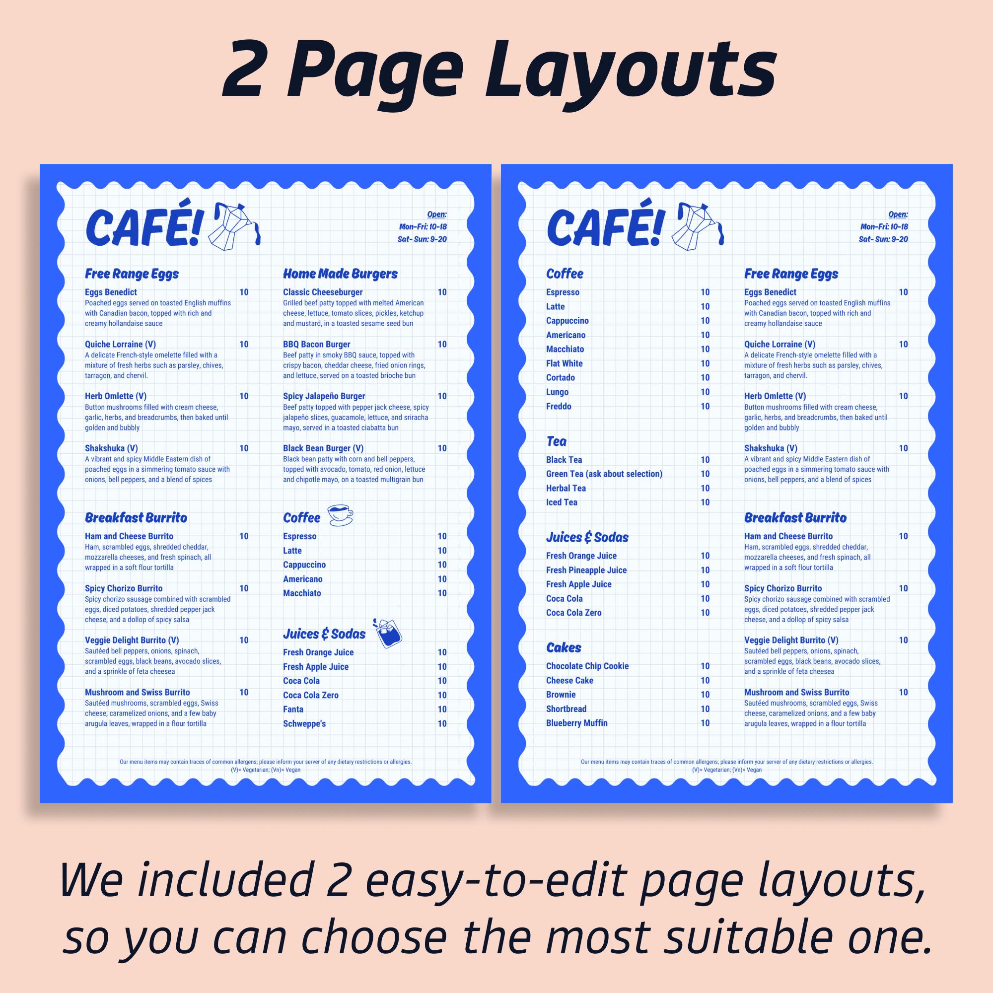 Café Menu Template, Breakfast Restaurant and Bakery Menu, A4 Portrait ...