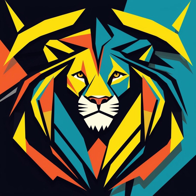 Stylized, Geometric Lion Head With Bold Lines and Vibrant Colors ...
